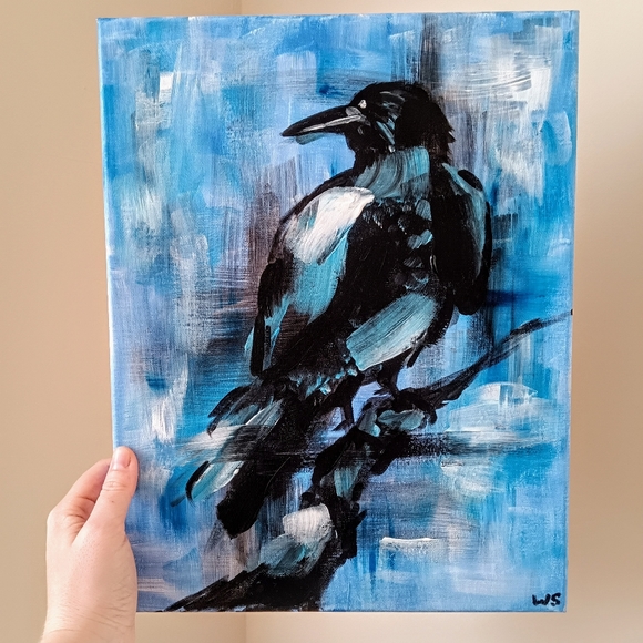 Handmade | Wall Decor | Crow Acrylic Painting 1x14 Sky Blue Background ...